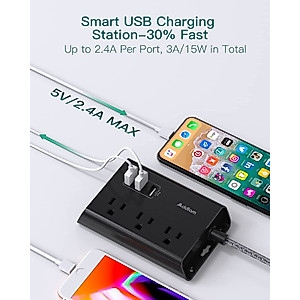 Power Strip with USB, Addtam ETL Certificate Flat Plug Extension Cord with 3 USB Ports, 3 Widely Spaced Outlets, 5 Feet Braided Cord, Desktop Small Travel Power Strip, White+ Black
