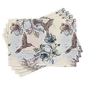 Ambesonne Hummingbird Table Runner & Placemats, Birds and Hibiscus Flowers Nostalgia Antique Design Classical Print, Set for Dining Table Decor, Placemat 4 pcs + Runner 16"x72", Teal Brown