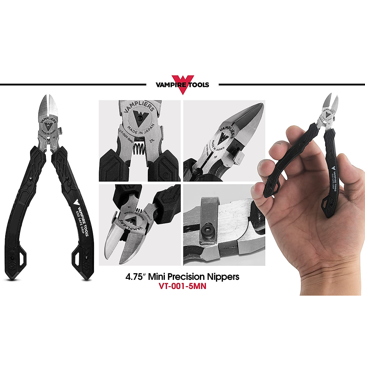 VAMPLIERS 4.75" Mini Precision Carbon Steel Nippers, ESD Safe Wire Flush Cutters. Suitable for Circuit Board Work. Made in Japan: VT-001-5MN