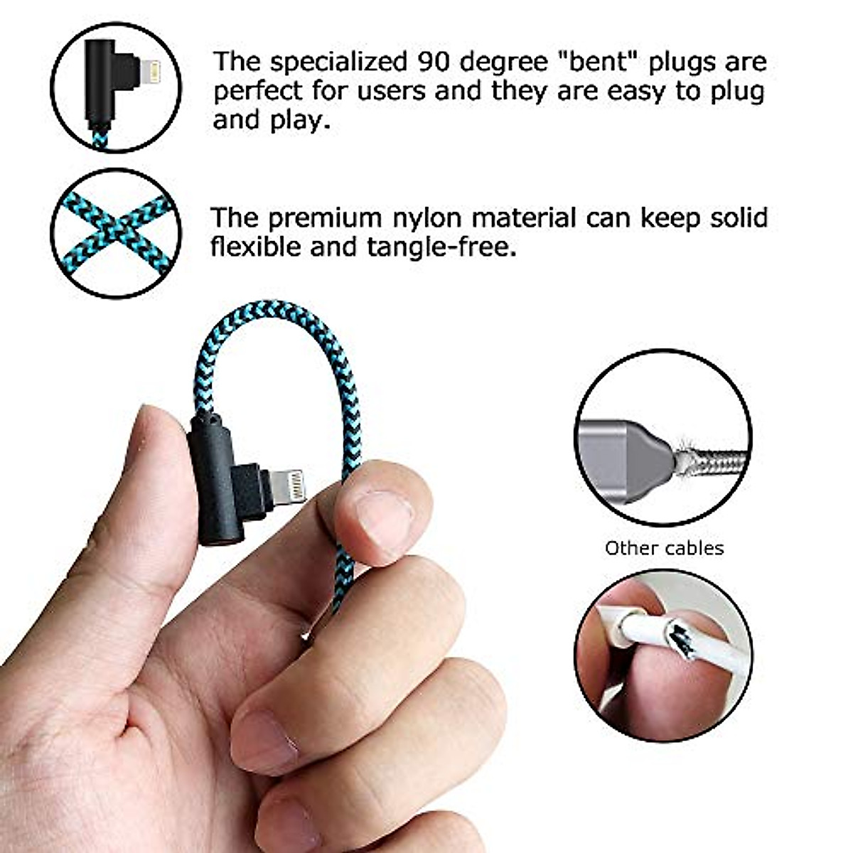 iPhone Charger Cord Right Angle Lightning Cable 5 Pack (3/3/6/6/10FT) Nylon Braid 90 Degree Charging Cord Fast Charging & Data Sync Cord Long Compatible iPhone 13 12 11 Pro XS Max/X/8/7/Plus iPad Blue