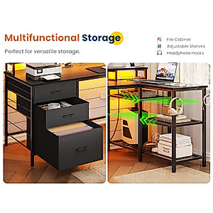 UPOSOJA L Shaped Gaming Desk with 3 Drawers, 78" Reversible Computer Desk with Power Outlet & LED Strip, Home Office Desk with Storage Shelves, Monitor Shelf, Mouse Pad Black