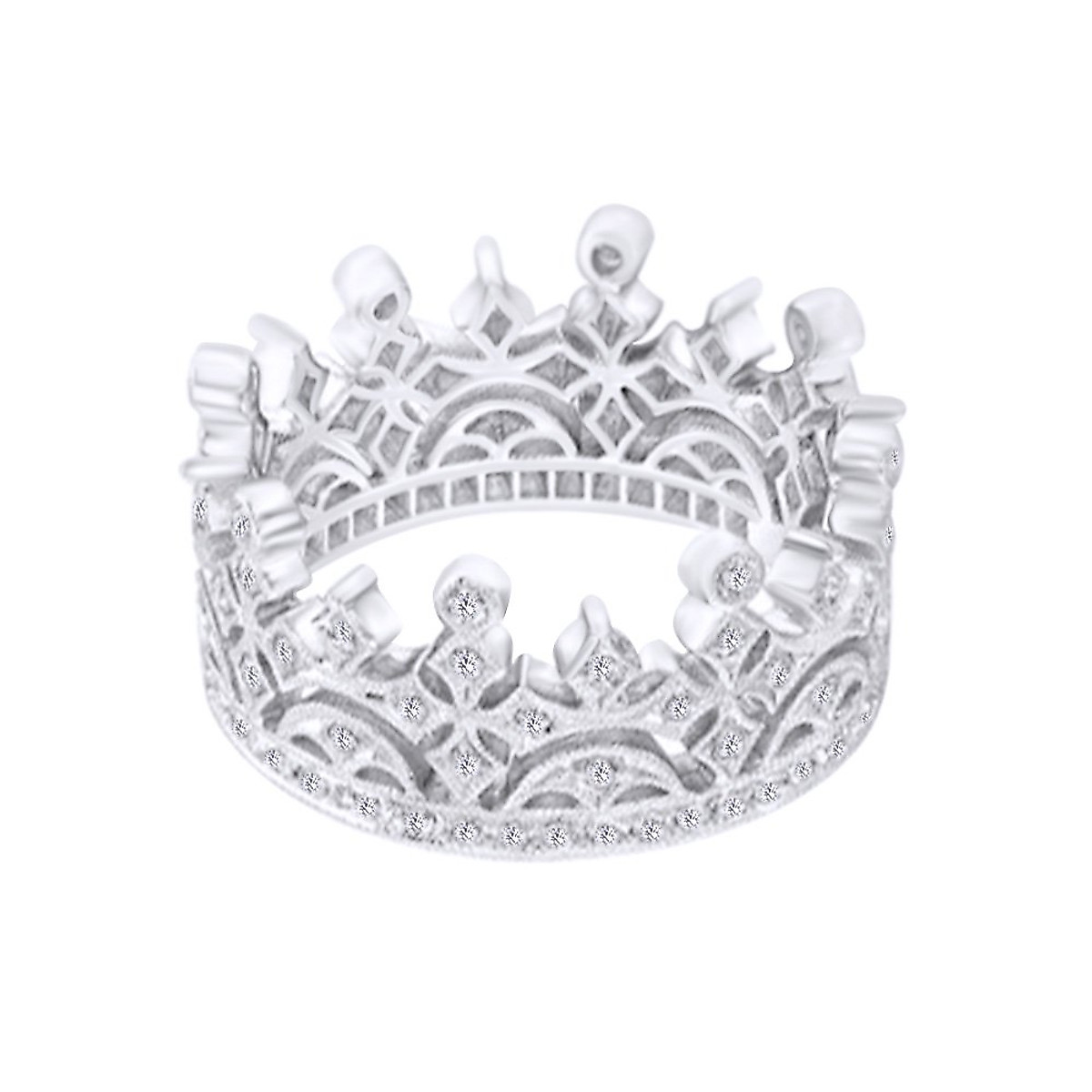 AFFY Royal Style Round Shape White Cubic Zirconia Crown Ring in 14K White Gold Over Sterling Silver, Ring Size: 6.5