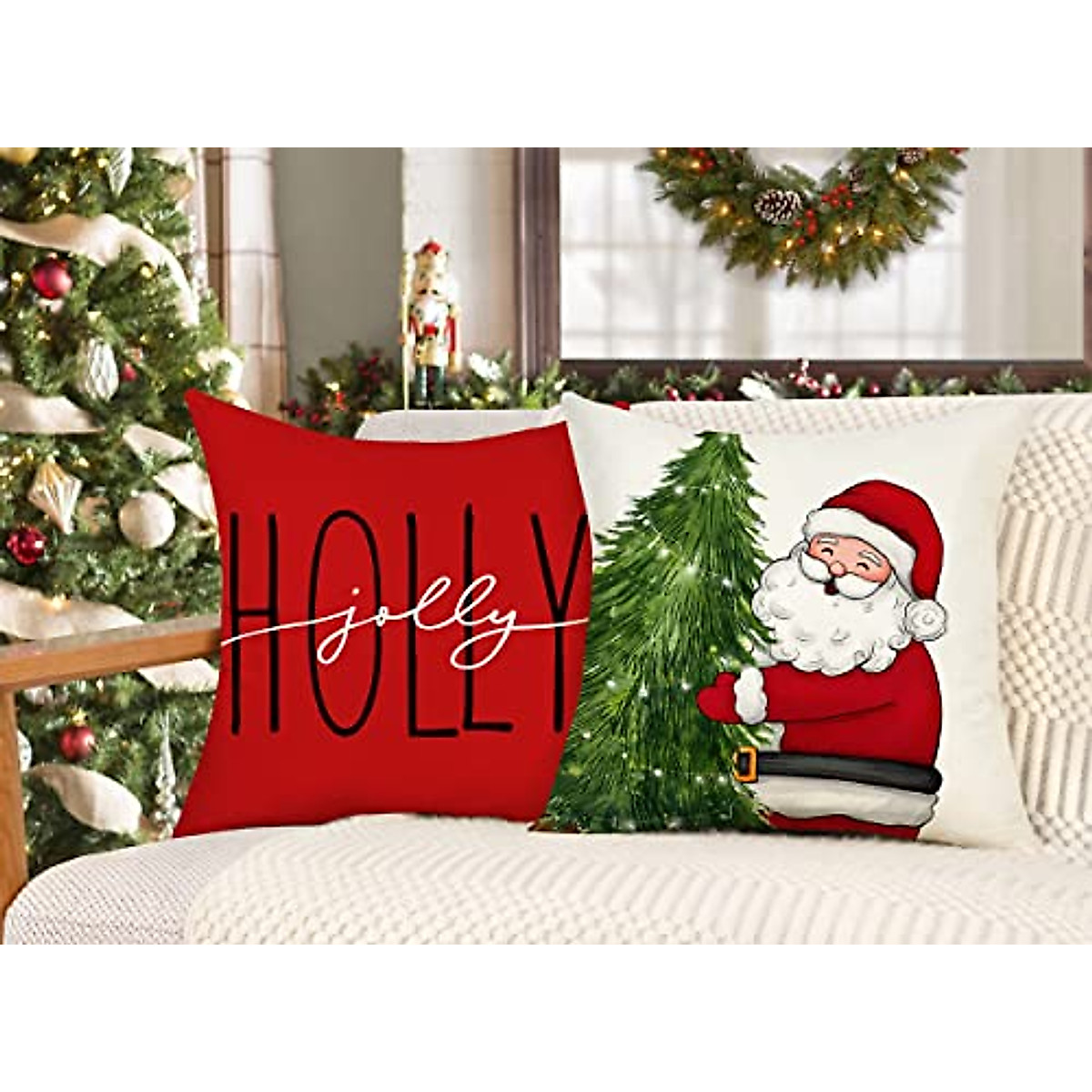 Red Christmas Pillow Covers 18x18 Set of 4 Farmhouse Christmas Decorations Snowman Wreath Santa Claus Tree Merry Christmas Holly Jolly Winter Holiday Decor Throw Cushion Case for Home Couch S22C17