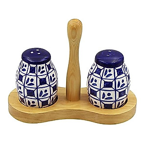 Hand-Painted Portuguese Pottery Clay Terracotta Blue Salt & Pepper Shaker Set