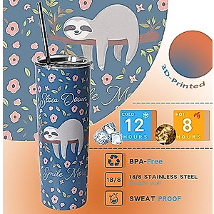 HOMEKOWN 20oz Slow the Sloth Tumbler Stainless Steel Cup Vacuum Insulated Travel Coffee Mug with Splash-Proof Lid Metal Straw