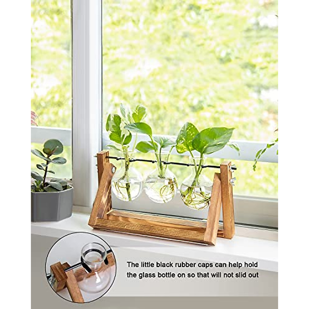 Ivolador Desktop Propagation Station, Bulb Plant Terrarium with Retro Solid Wooden Stand and Metal Swivel Holder for Hydroponics Plants Home Garden Wedding Decor (3 Bulb-C Type)