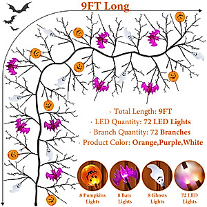 9FT 72 LED Halloween Decorations Willow Vine Twig Garland with 8 Modes Orange Purple White Lights & Timer & 8 Pumpkin Bat Ghost,Battery Operated Halloween Garland for Mantel Table Indoor Home Decor