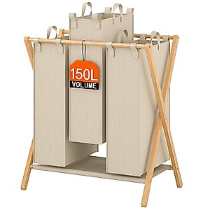 laundry hamper 3 section, Dirty Clothes Hamper with removable bags, Bamboo Laundry Basket,150L Large Laundry Sorter Organization, Foldable X-Frame Laundry Bin for Bedroom, Laundry Room, Bathroom
