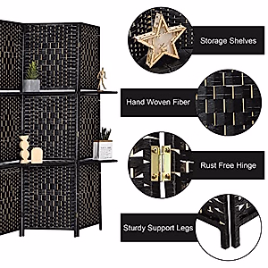 Giantex 6Ft 6 Panel Room Divider with Shelves, Freestanding Hand-Woven Rattan Folding Privacy Screens for Room Separation, Wooden Partition Room Divider Wall for Home Office Studio Separator