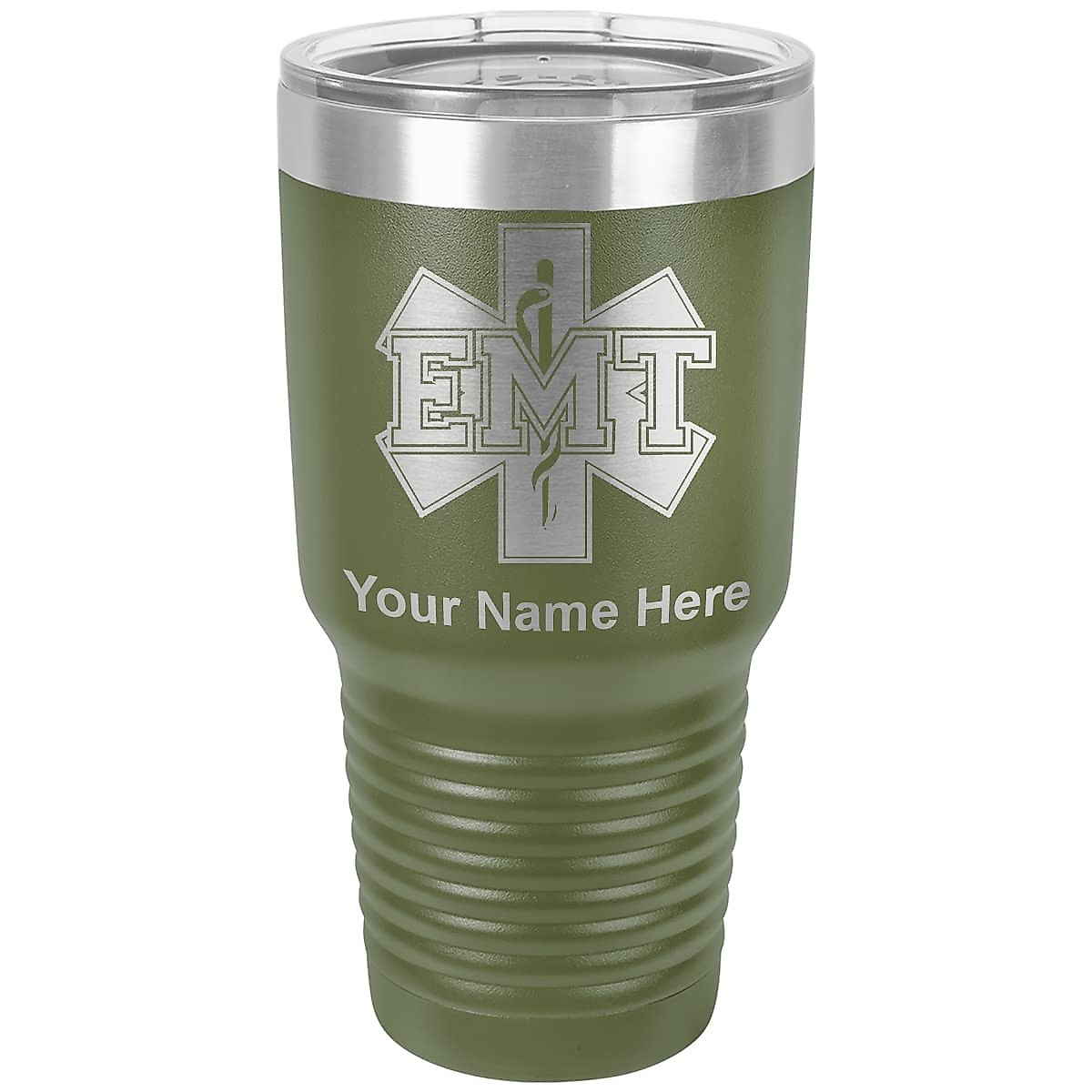 LaserGram 30oz Vacuum Insulated Tumbler Mug, EMT Emergency Medical Technician, Personalized Engraving Included (Camo Green)