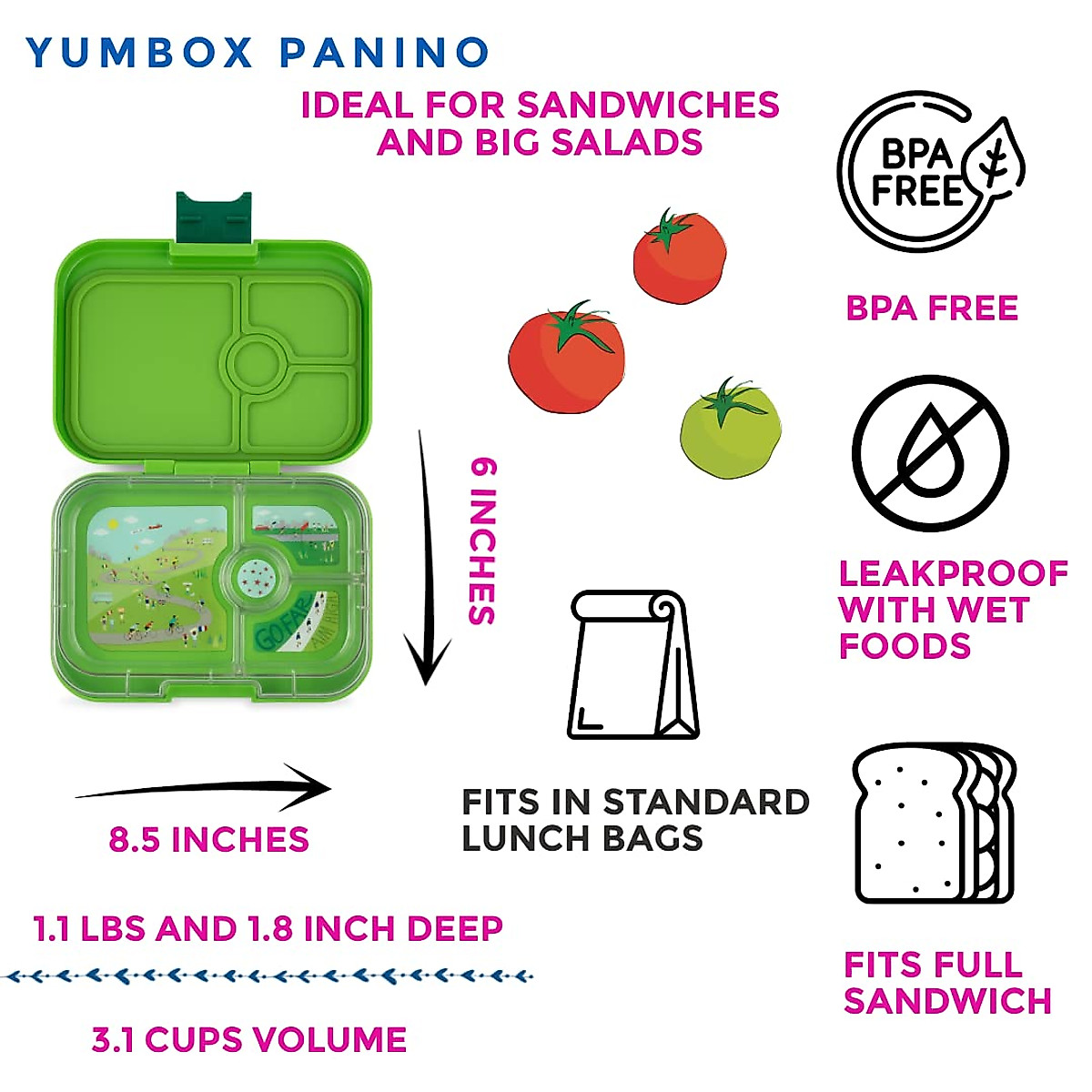Yumbox Panino Leakproof Bento Lunch Box Container for Kids & Adults (Go Green Panino)