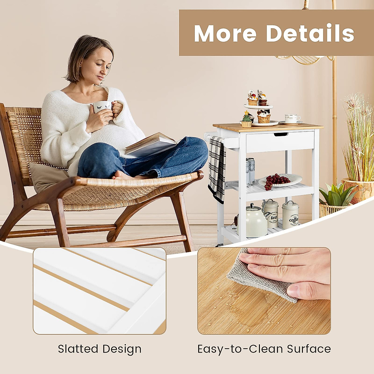 Giantex Kitchen Island Cart with Storage, Rolling Bamboo Kitchen Cart on Wheels, w/Pull-Out Drawer, Towel Handle, 2 Open Shelves, Mobile Coffee Bar Cart for Dining Room Living Room (White & Beige)