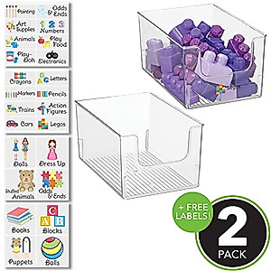 mDesign Plastic Slim Open Front Toy Storage Organizer Bin for Playroom, Nursery, Kids Closets; Holds Action Figures, Crayons, Building Blocks, Puzzles - Ligne Collection - 2 Pack + 24 Labels - Clear