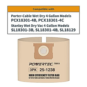 POWERTEC Shop Vacuum Bags 3PK for Stanley 25-1238/ Porter Cable PCX18301-4B, SL18301-3B 4 Gallon Vacuum Bags, Replacement Filter Bags for Stanley & Porter Cable Shop Vacuum Accessories (75051)
