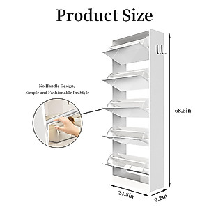 Mirror Shoe Storage Cabinet for Entryway, Narrow Tall Shoe Cabinet Organizer with 5 Tiers, Slim Free Standing Hidden Shoe Cabinet with 5 Flip Drawers for Front Door Entrance, Closet（White）
