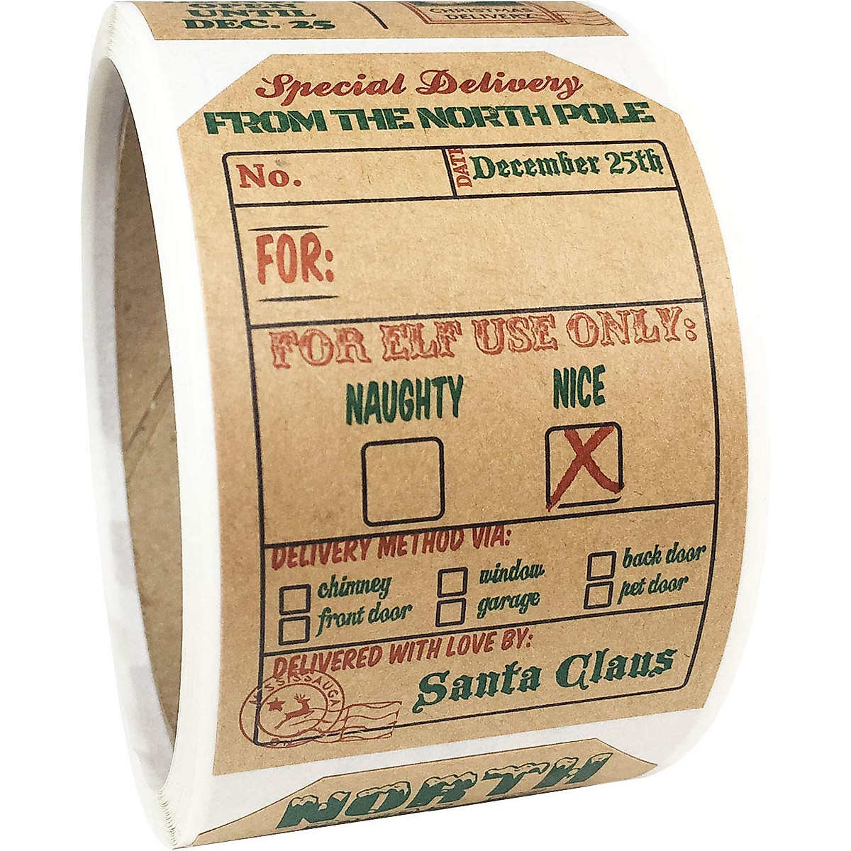 Natural Kraft from Santa Claus Stickers, 2” x 3” Inch Christmas Gift Tags 100 Total Labels