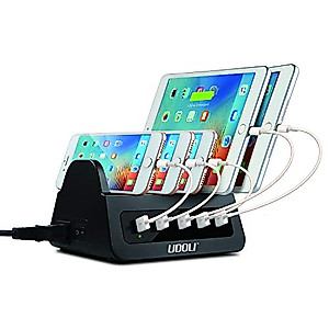 UDOLI 5 USB Ports Charging Station Organizer for Multiple Devices Fast Charging Desktop Stand for Apple Android Phone Tablet 1600W 2 AC Power Outlets Charger Dock for Home Office 3 Prong Cord Black