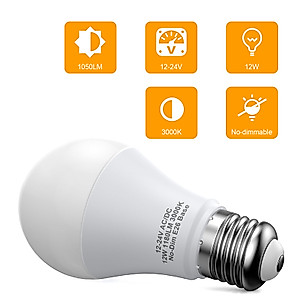 12V LED Light Bulbs, 12W 1050LM Daylight 5000K, 80W Equivalent 12-24Volt Low Voltage E26 Base AC/DC Light Bulbs for Off Grid Solar Lighting Marine Boat, A19 RV Light Bulbs Landscape Garden Yard