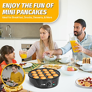 FineMade Non Stick Mini Pancakes Maker Machine, Electric Poffertjes Pan with Browning Control, Mini Ebelskiver Aebleskiver Pan, Dutch Mini Pancake Maker, with Brush & Forks, 14 Slots, Black