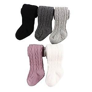 Looching 5 Pack Baby Toddler Girls Cute Cable Knit Cotton Tights Pantyhose Leggings Stocking Pants(4-6 Years, White,black,grey,dark grey,purple)
