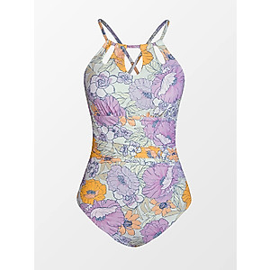 CUPSHE Women Swimsuit One Piece Tummy Control Ruched Self Tie Cutout Floral Bathing Suit, M Lavender