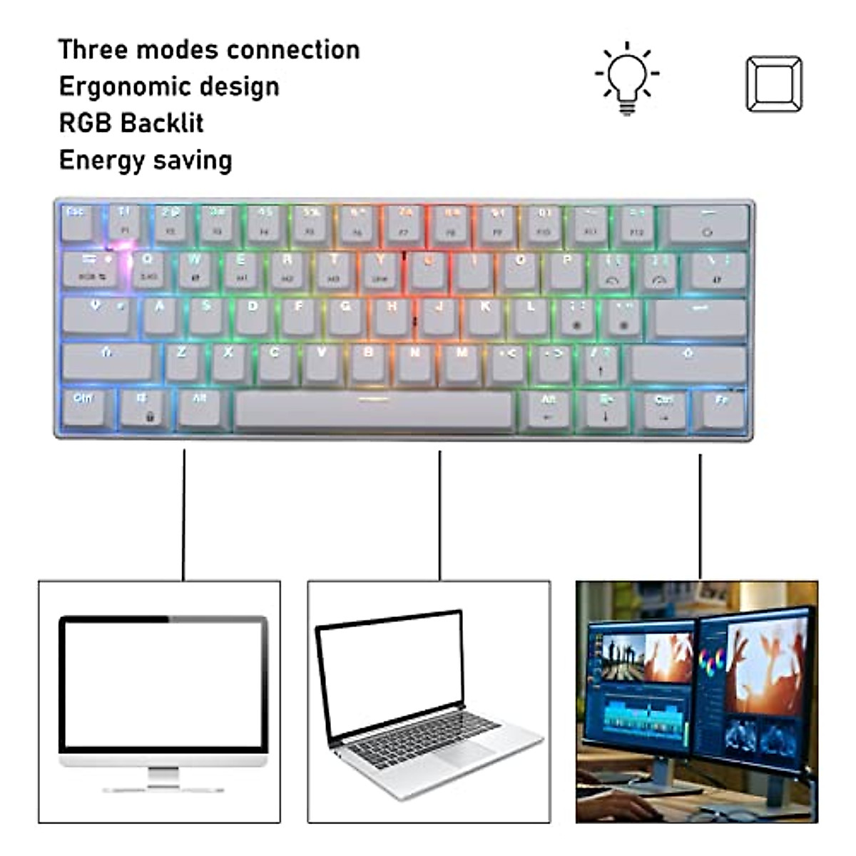 Zyyini Mechanical Keyboard, 61 Key Mechanical Gaming Keyboard with RGB Backlit Computer Keyboard, 3 Mode Connection, for Windows/for HarmonyOS/for Android/for iOS(Red Shaft)