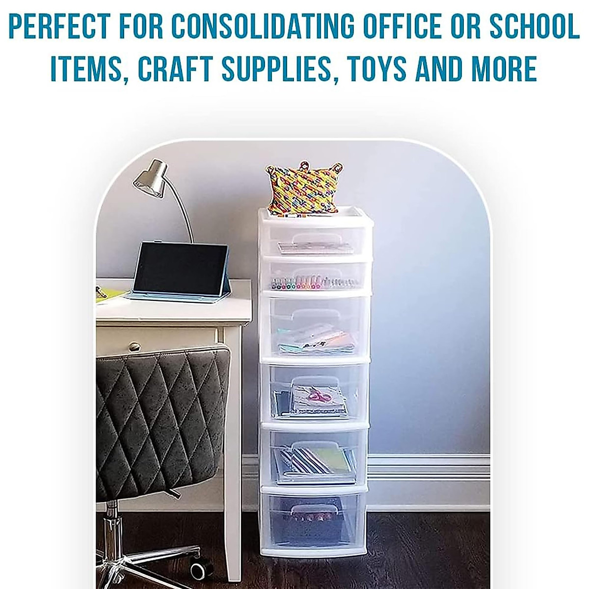 Homz Clear Plastic 4 Drawer Medium Home Organization Storage Container Tower w/2 Large and 2 Small Drawers, and Removeable Caster Wheels, White Frame