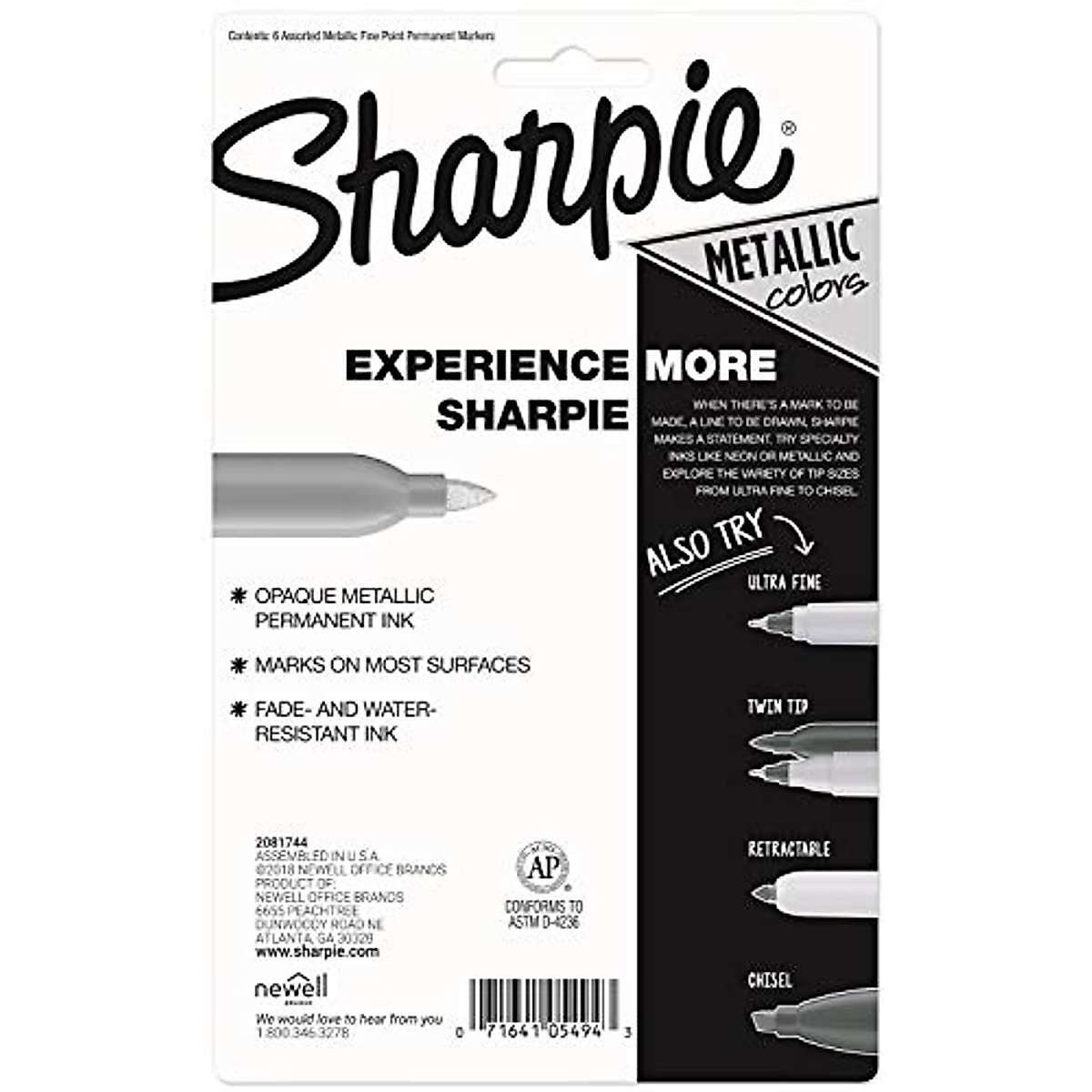 SHARPIE Metallic Permanent Markers, Fine Point, Assorted Metallic, 6 Count