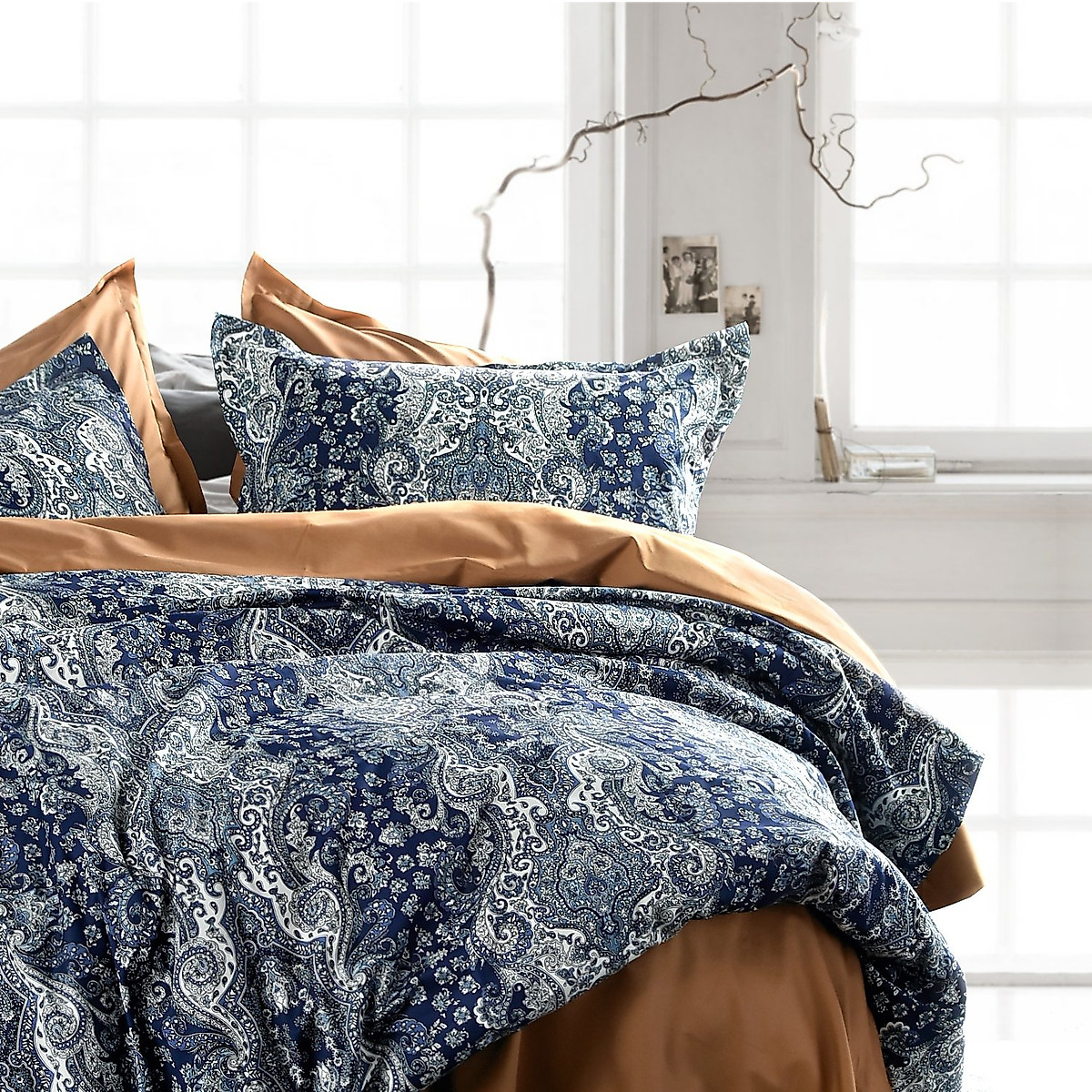 Eikei Home Damask Medallion Luxury Duvet Quilt Cover Boho Paisley Print Bedding Set 400 Thread Count Egyptian Cotton Sateen Vibrant Bohemian Pattern,3 pieces (King, Midnight)