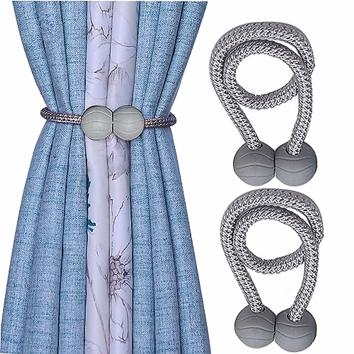 Strong Magnetic Curtain Tiebacks, 2 Pack Magnetic Tiebacks for Curtains Decorative Curtain Holdbacks Strap Modern Rope Drape Tie Backs for Outdoor Home Window Office Bathroom Round Design, Grey