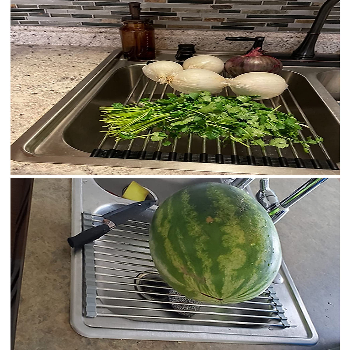 Vseegrs Roll Up Dish Drying Rack (17" L x 16" W), Over Sink Dish Drying Rack, Foldable Stainless Steel Dish Drying Rack, Rolling Srying Rack for Sink Counter (Gray)