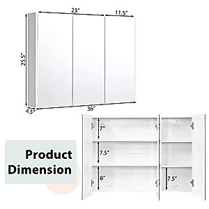 Tangkula Bathroom Medicine Cabinet with 3 Mirror Doors, Wall Mount Wide Mirrored Cabinet with Adjustable Shelf, Triple Mirrored Doors Storage Cabinet for Bathroom Living Room, 36 x 4.5 x 25.5 Inches