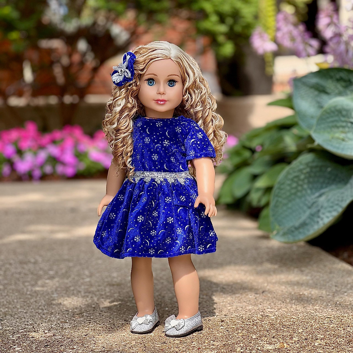 - Midnight Blue - 3 Piece Outfit - Dark Blue Sparkling Holiday Dress with Matching Silver Shoes and Headpiece - Clothes Fits 18 Inch Doll (Doll Not Included)