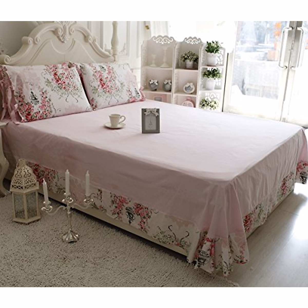 FADFAY Shabby Floral Bedding Set Queen Size Sheet Set 4 Piece Premium 100% Cotton Pink Rose Pattern :1 Deep Pocket Fitted Sheet, 1Flat Sheet, 2 Pillowcases (Standard Size)