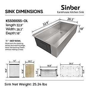 Sinber 33" x 20" x 10" Farmhouse Apron Single Bowl Workstation Kitchen Sink with 16 Gauge 304 Stainless Steel Satin Finish 6 Accessories KSS0005S-OK