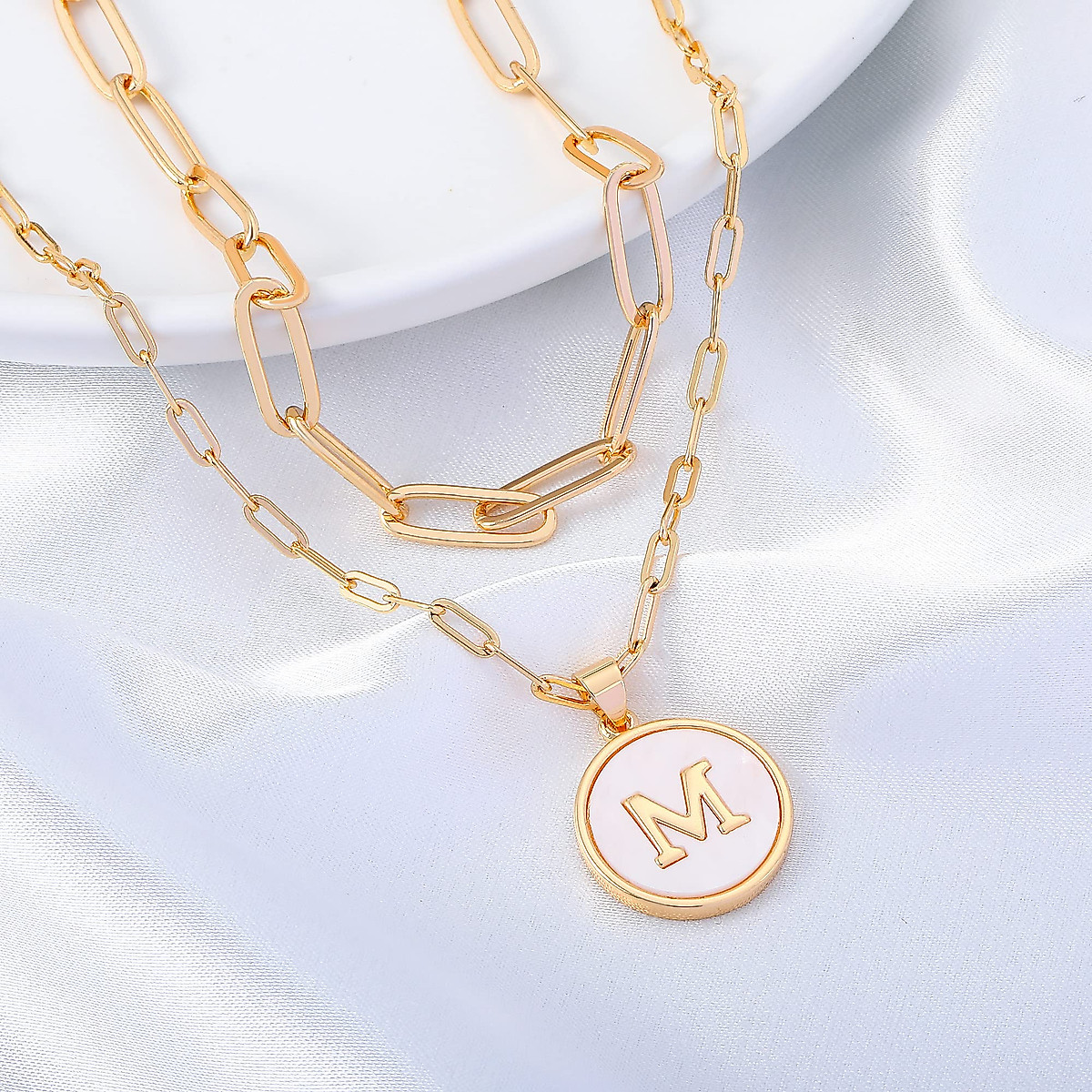 Gold Initial Necklaces for Women, 14K Gold Plated Layered Necklaces Paperclip Chain Necklace for Women Dainty Gold Coin Letter Pedant Necklace for Women Initial A Necklaces for Women Jewelry