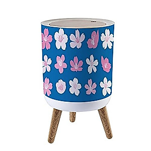 Trash Can with Lid Set of 21 Cherry Blossom Illustrations Press Cover Small Garbage Bin Round with Wooden Legs Waste Basket for Bathroom Kitchen Bedroom 7L/1.8 Gallon