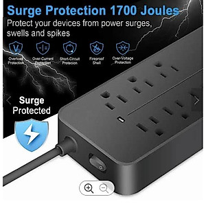 Surge Protector Power Strip with Extension Cord with 8 Outlets and 3 USB Ports, 2 Feet Power Cord (1625W/13A) , 2700 Joules, ETL Listed, Black