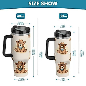 Flradish 40oz Tumbler with Handle, Funny Cowboy Bear Stainless Steel Tumbler with Lid and Straws Double Wall Vacuum Insulated Leakproof Coffee Travel Mug