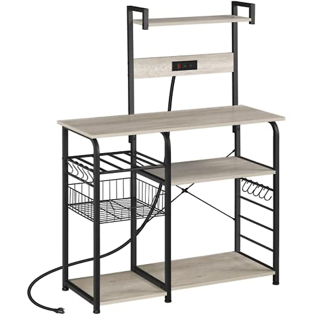 Yaheetech Bakers Rack with Power Outlet, 4-Tier Microwave Stand Cart Coffee Bar with Wire Basket and Wine Storage, Freestanding Kitchen Organizer Rack with 10 Hooks, Gray