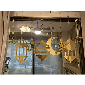 16pcs Islamic Gold Star Crescent Moon Lantern Ramadan Garland EID Decoration Home Happy Ramadan Mubarak Party Decor Hanging Streamer Wedding Backdrop Banner Aladdin Birthday Party Supplies