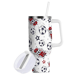 ARGTILDN 30 oz Tumbler Football Game Soccer Insulated Travel Mug with Handle and Straw Lid Stainless Steel Vacuum Coffee Cup Tea Beverage Container Water Bottles for Car Sports office