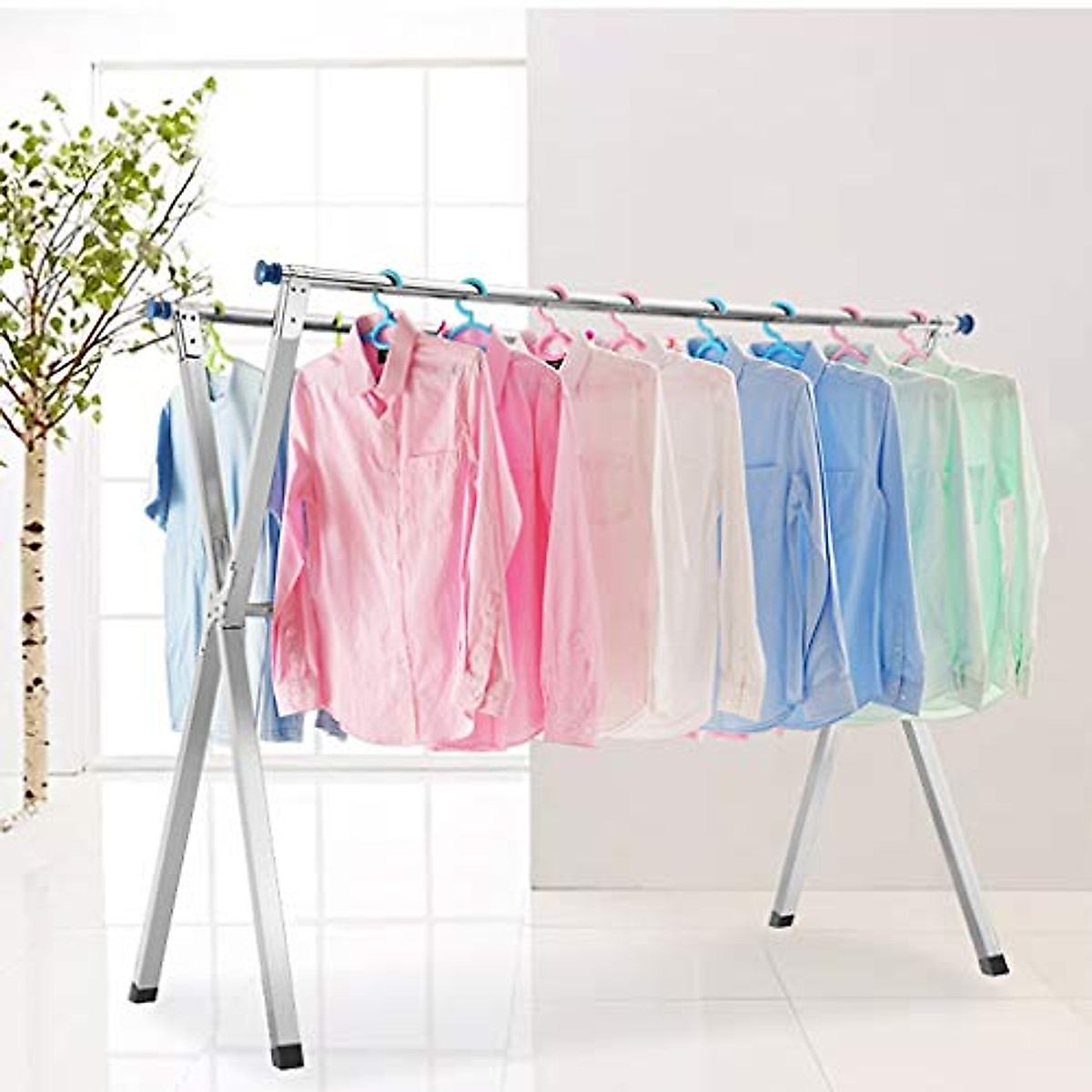 Drying Rack Stainless Steel Floor Folding X-Type Double Pole Clothes Pole Indoor and Outdoor Balcony Telescopic FANJIANI (Color : A)
