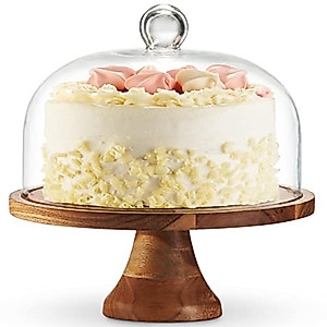 Godinger Cake Stand with Dome, 2in1 Wooden Cake Plate Serving Tray with Glass Dome, Cheese Board, Home Decor Housewarming Gift