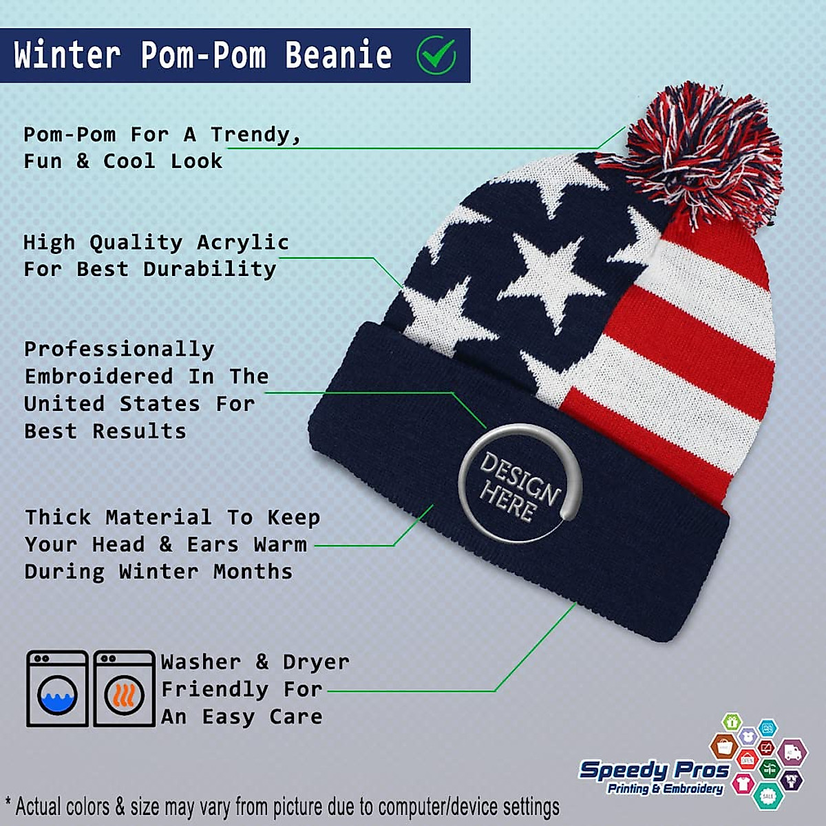 Custom Pom Pom Beanies for Women Hockey Mom A Embroidery Skull Cap Hockey Lover Humor Winter Hats for Men Acrylic 1 Size American Flag Personalized Text Here