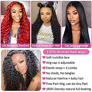 13x4 HD Transparent Lace Front Deep Wave 100% Human Hair Wig Deep Curly Lace Frontal Wigs 180% Density Unprosessed Water Wave Wigs Pre Plucked With Baby Hair Natural Color Hair for Black Women 22inch