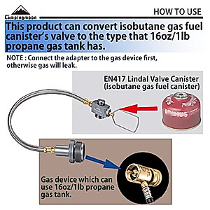 CAMPINGMOON Camping Grill Propane Gas Stove Adapter with Extend Hose(11.8"/30cm), Input: EN417 Lindal Valve Canister, Output: Propane Gas Stove Z29-30