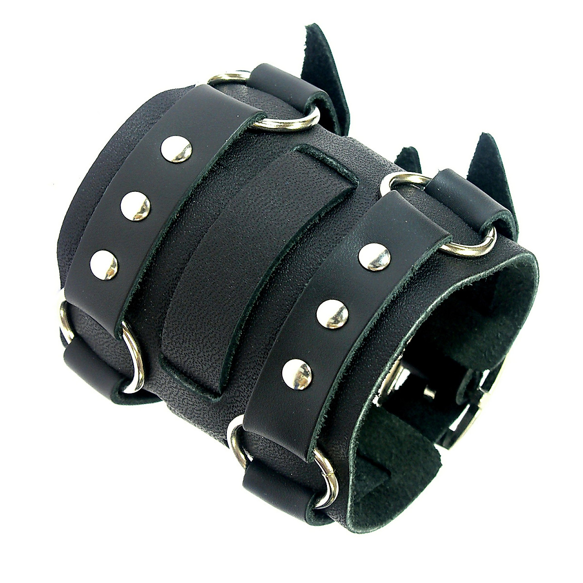 Neptune Giftware Wide Triple Strap Leather Cuff Wrap Gothic Wristband Bracelet With Buckle Fastening - BLACK LEATHER