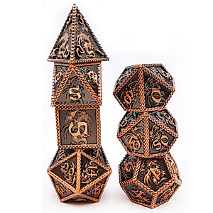 MJDICEOK Metal Dice Dragon Set 7 DND Role Playing Dice D&D Solid Dice Ancient Red Copper