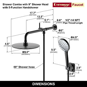 Derengge Shower combo,9 Inch Shower Head and Handheld Shower with Diverter Shower Arm,Matte Black Finished,SCA-0288-MT